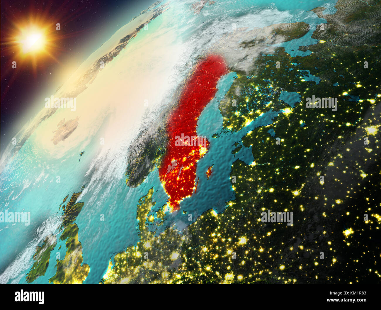 Illustration of Sweden as seen from Earth’s orbit during sunset. 3D ...