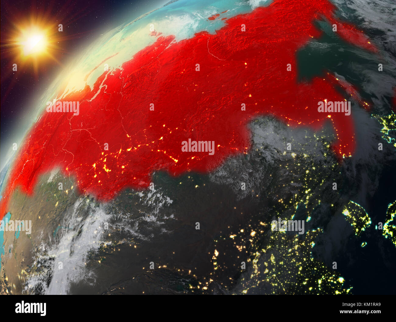 Illustration of Russia as seen from Earth’s orbit during sunset. 3D ...