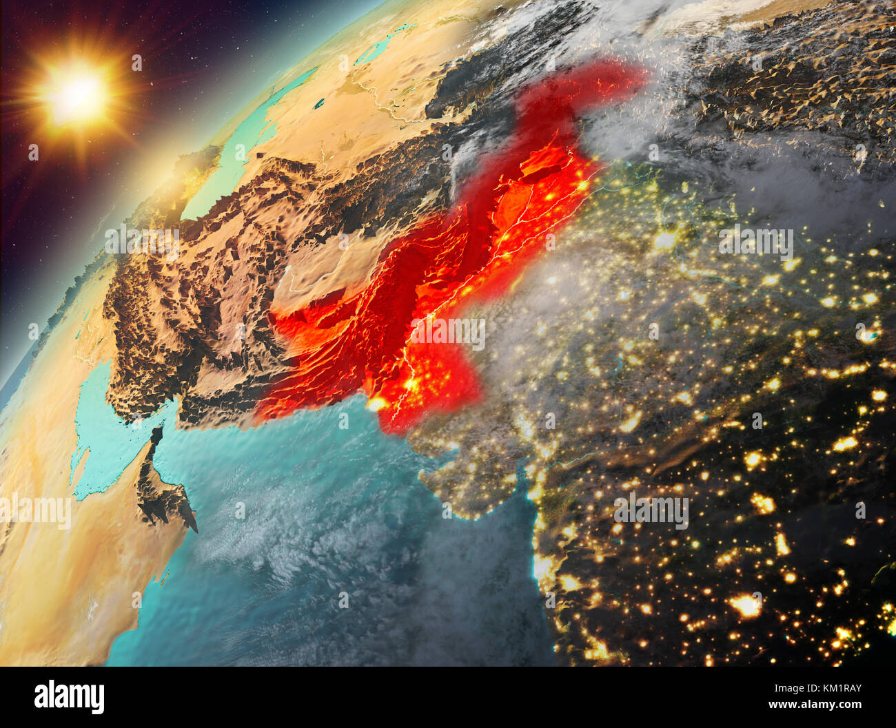 Illustration of Pakistan as seen from Earth’s orbit during sunset. 3D ...