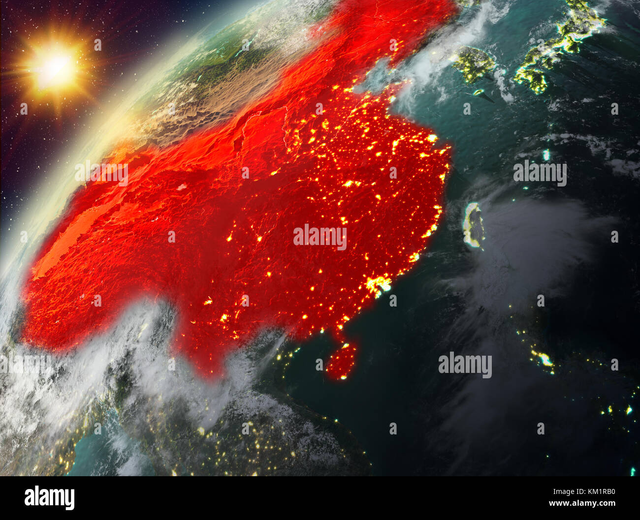 Illustration of China as seen from Earth’s orbit during sunset. 3D ...