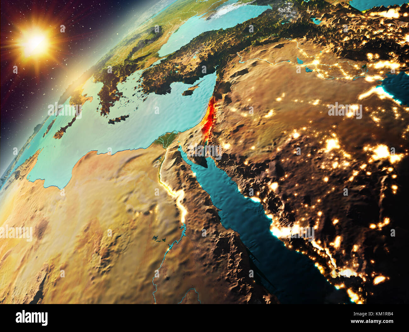 Illustration of Israel as seen from Earth’s orbit during sunset. 3D ...