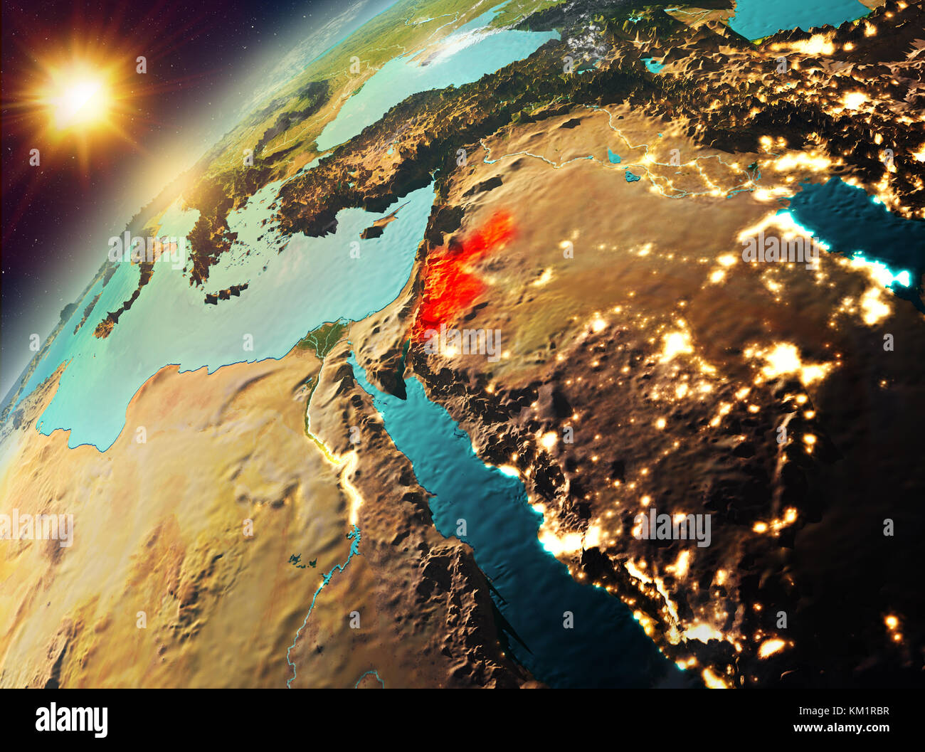 Illustration of Jordan as seen from Earth’s orbit during sunset. 3D ...