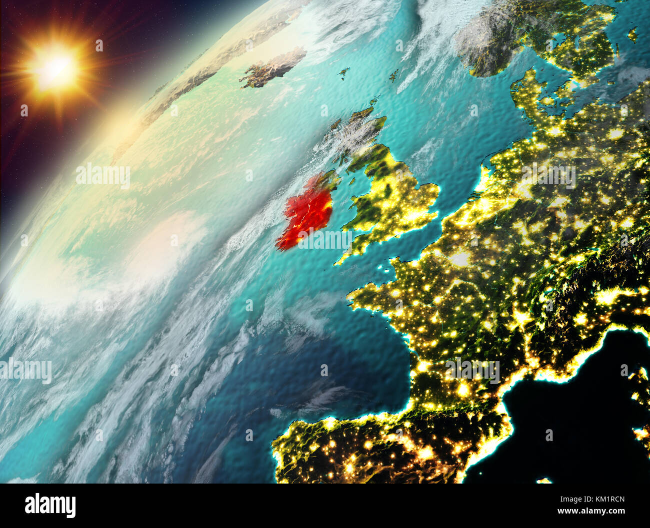 Illustration of Ireland as seen from Earth’s orbit during sunset. 3D ...
