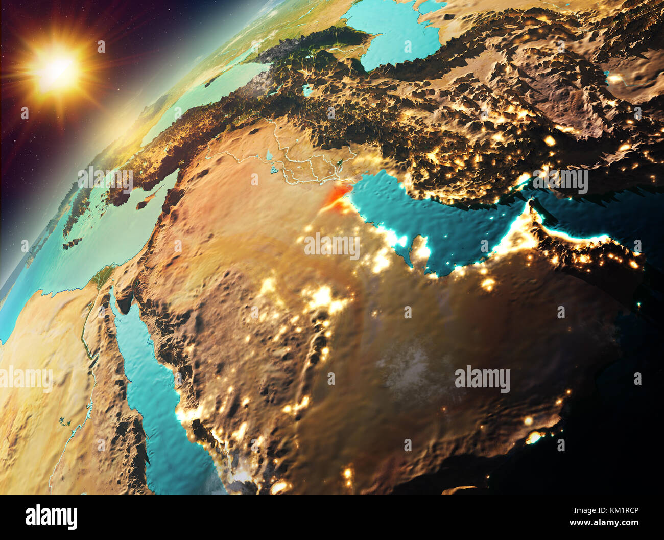Illustration of Kuwait as seen from Earth’s orbit during sunset. 3D ...