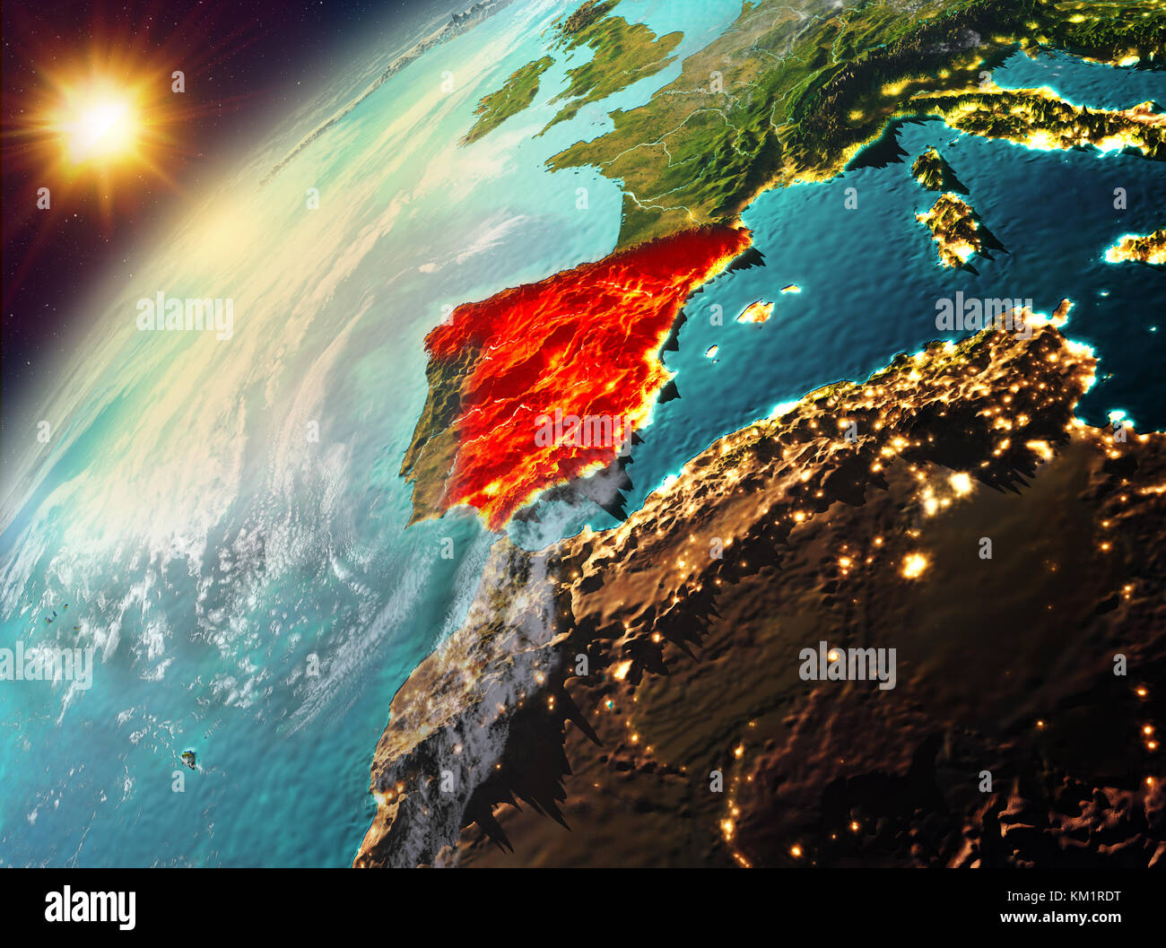 Illustration of Spain as seen from Earth’s orbit during sunset. 3D ...