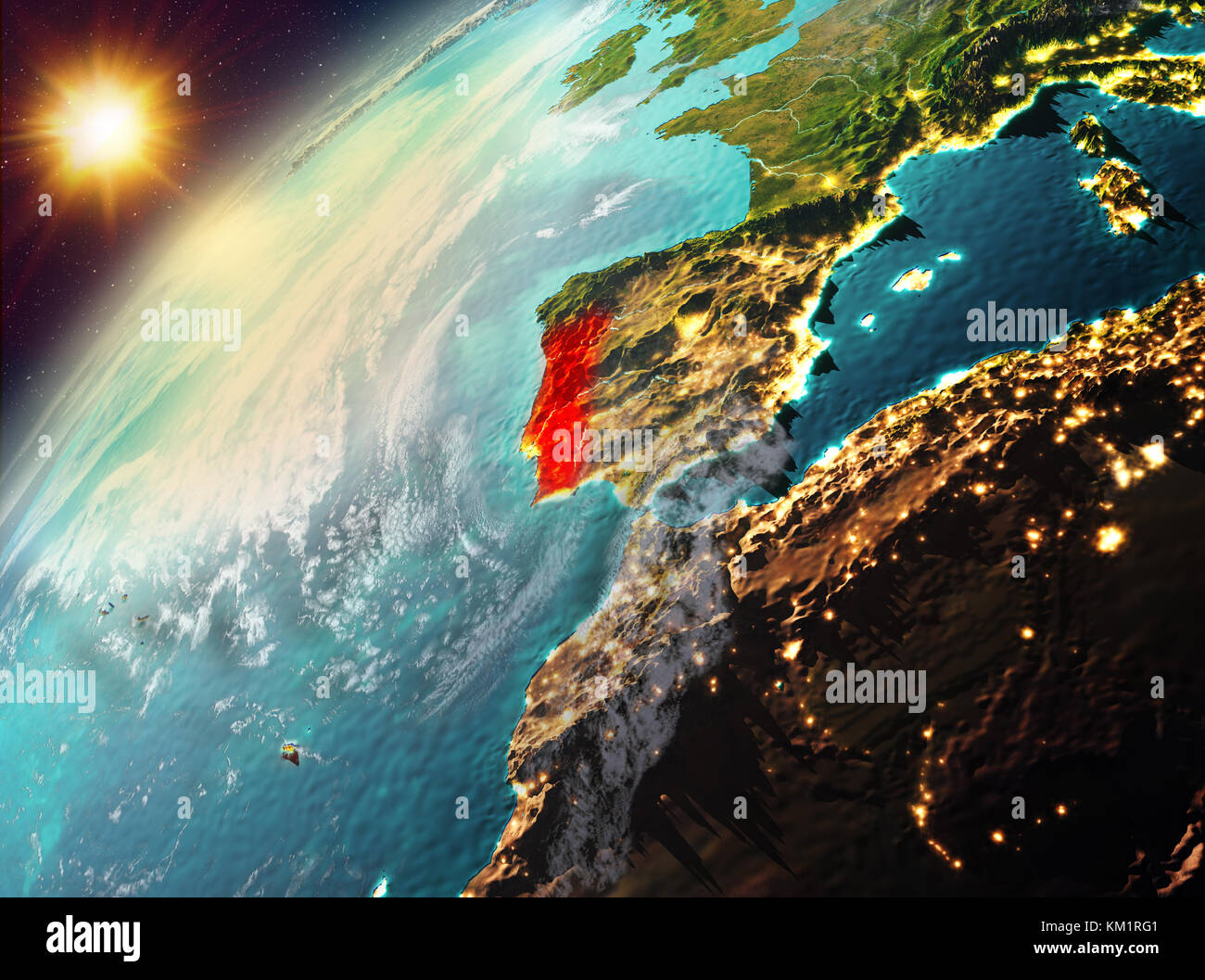 Illustration of Portugal as seen from Earth’s orbit during sunset. 3D ...