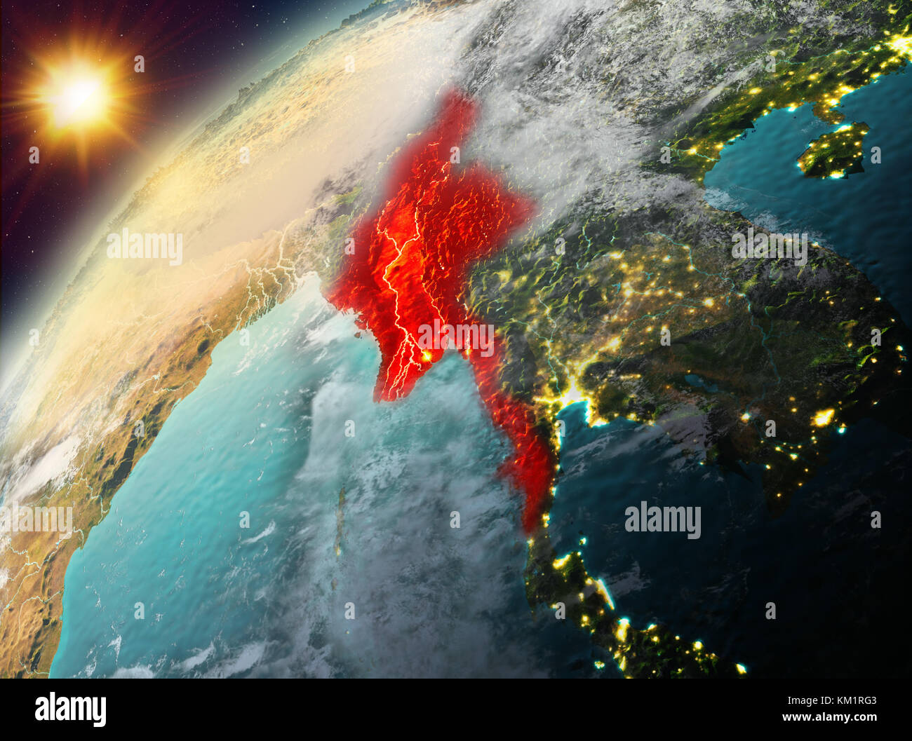 Illustration of Myanmar as seen from Earth’s orbit during sunset. 3D ...