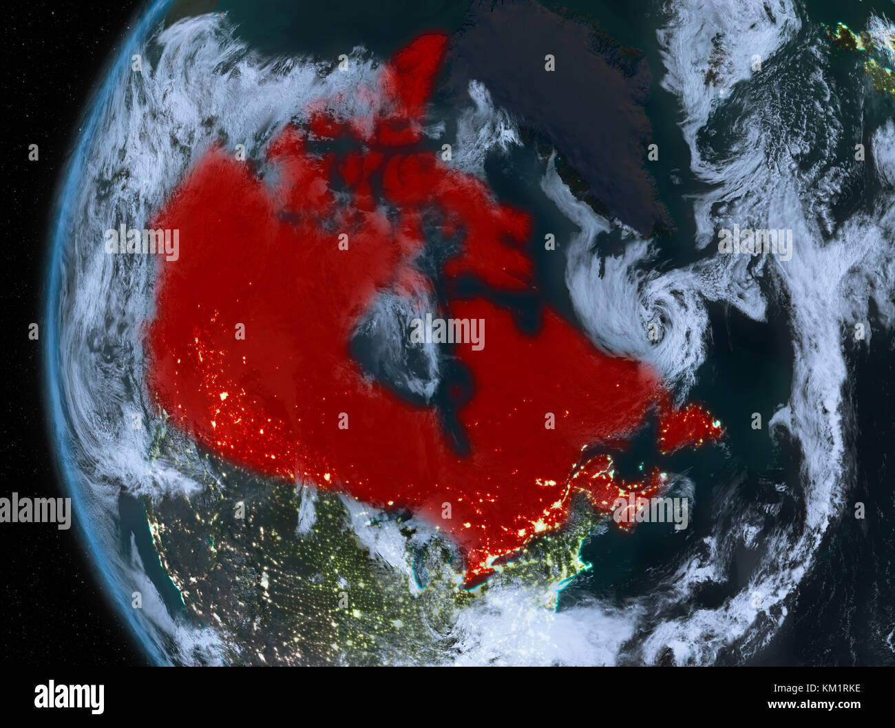 Night map of Canada as seen from space on planet Earth. 3D illustration ...