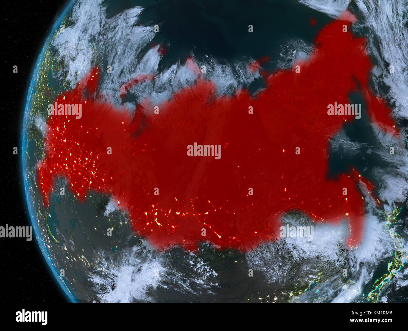 Night map of Russia as seen from space on planet Earth. 3D illustration ...