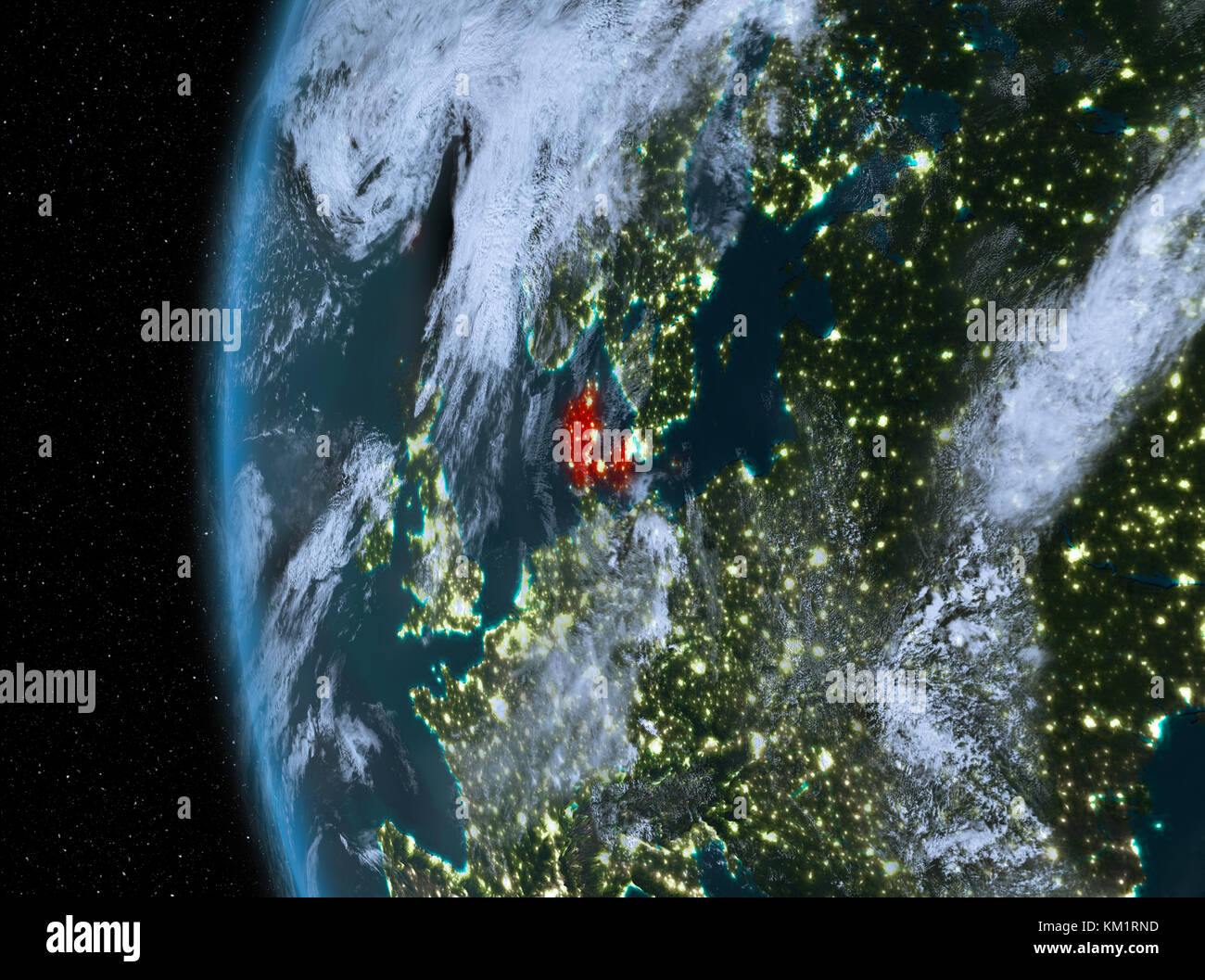 Night map of Denmark as seen from space on planet Earth. 3D ...
