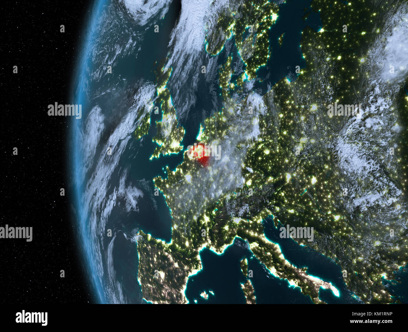 Night map of Belgium as seen from space on planet Earth. 3D ...