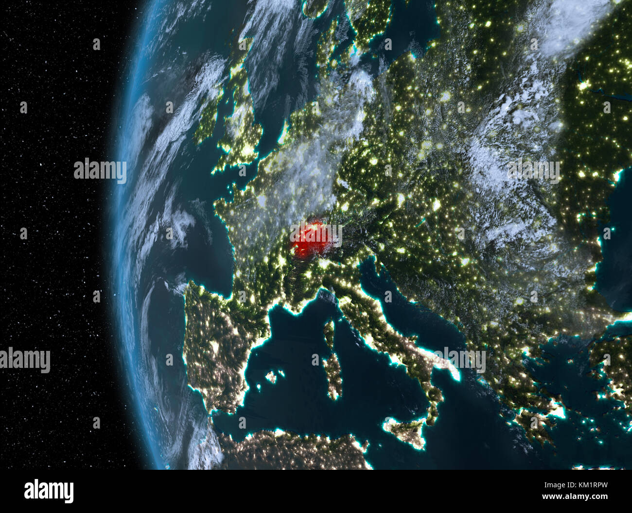 Night map of Switzerland as seen from space on planet Earth. 3D ...