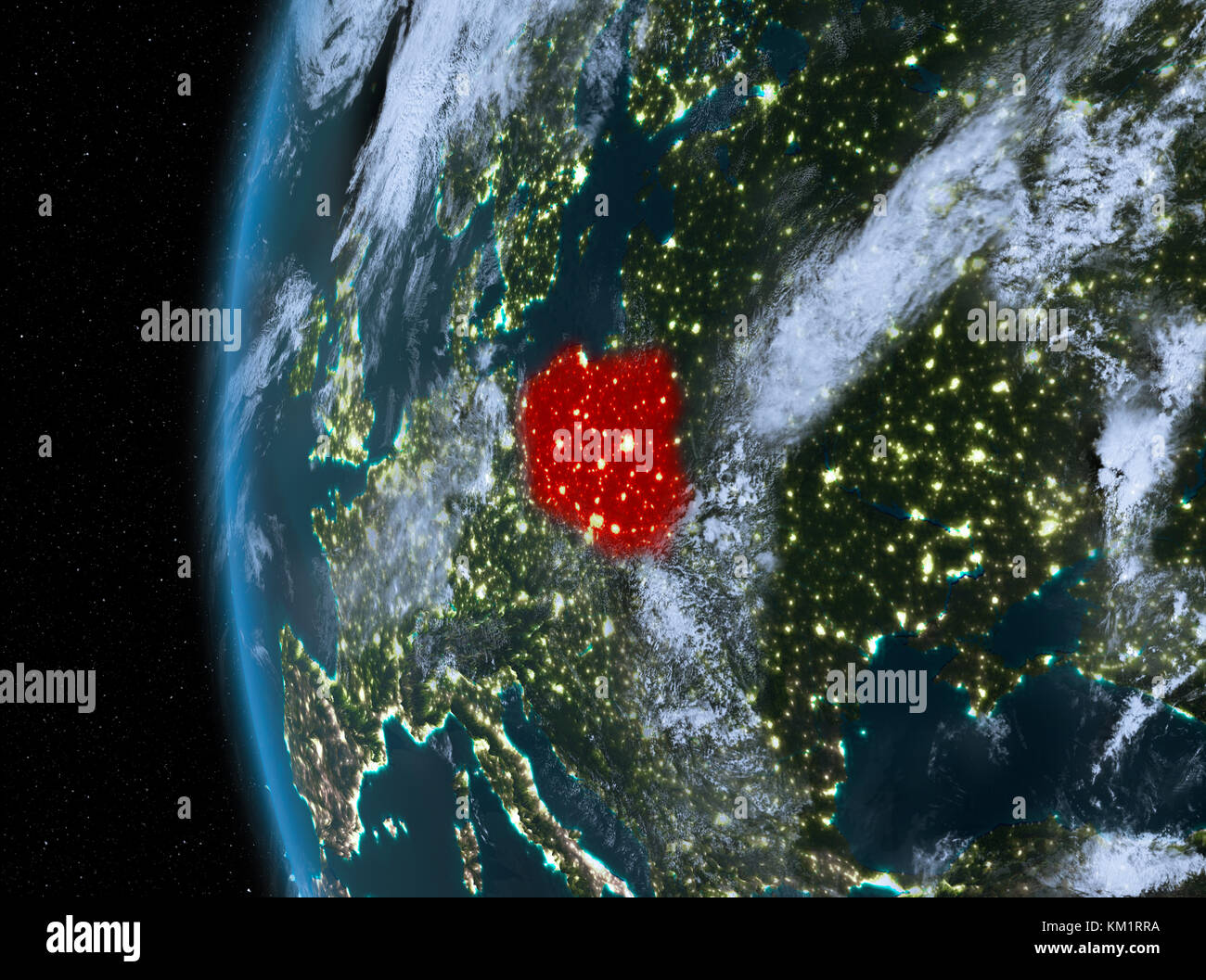 Night map of Poland as seen from space on planet Earth. 3D illustration ...