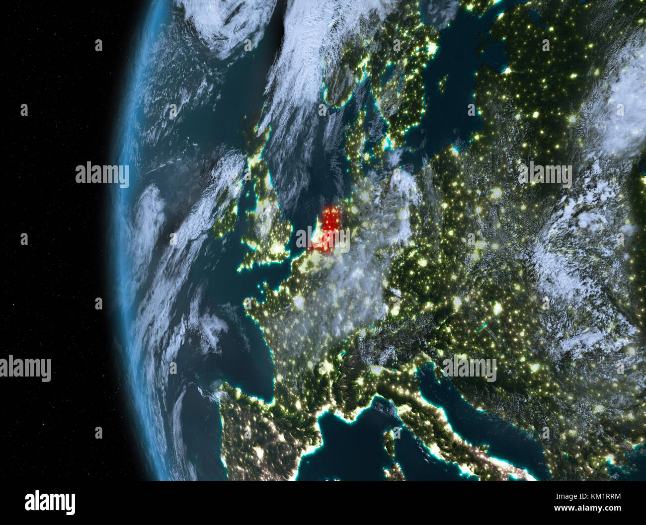 Night map of Netherlands as seen from space on planet Earth. 3D ...