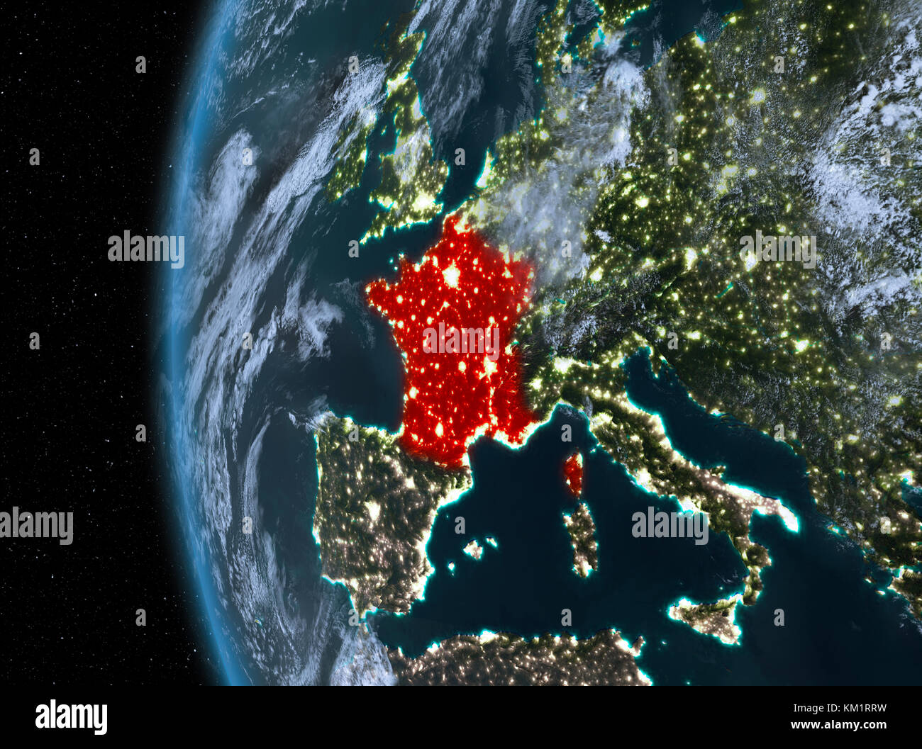 Night map of France as seen from space on planet Earth. 3D illustration ...