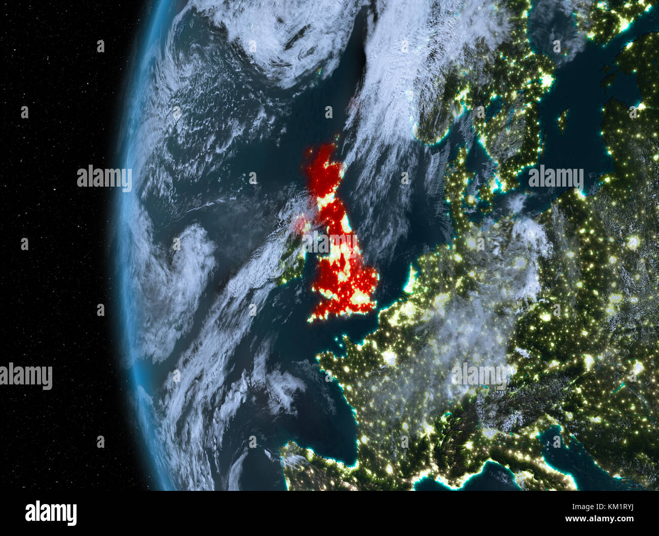 Night map of United Kingdom as seen from space on planet Earth. 3D ...
