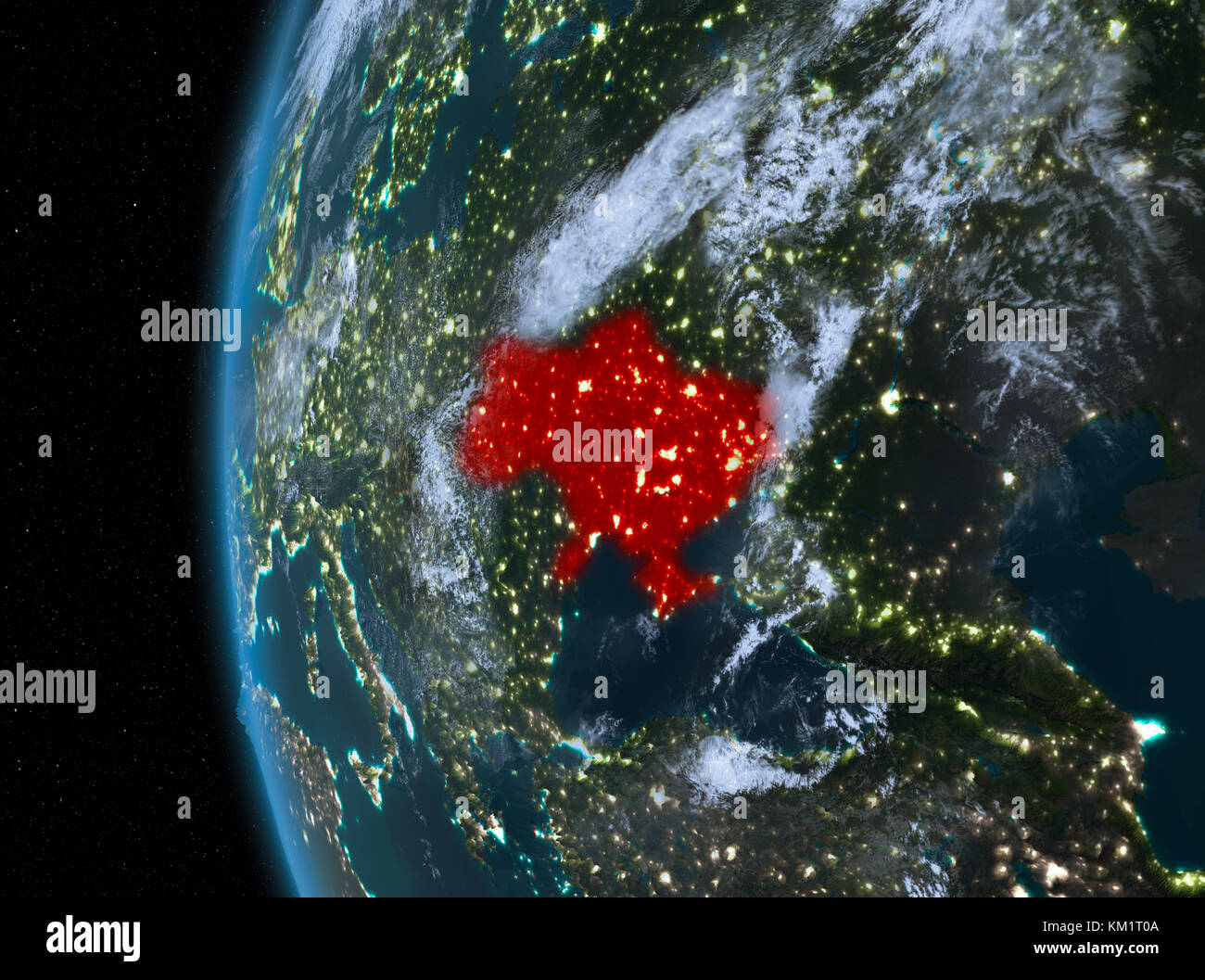 Night map of Ukraine as seen from space on planet Earth. 3D ...