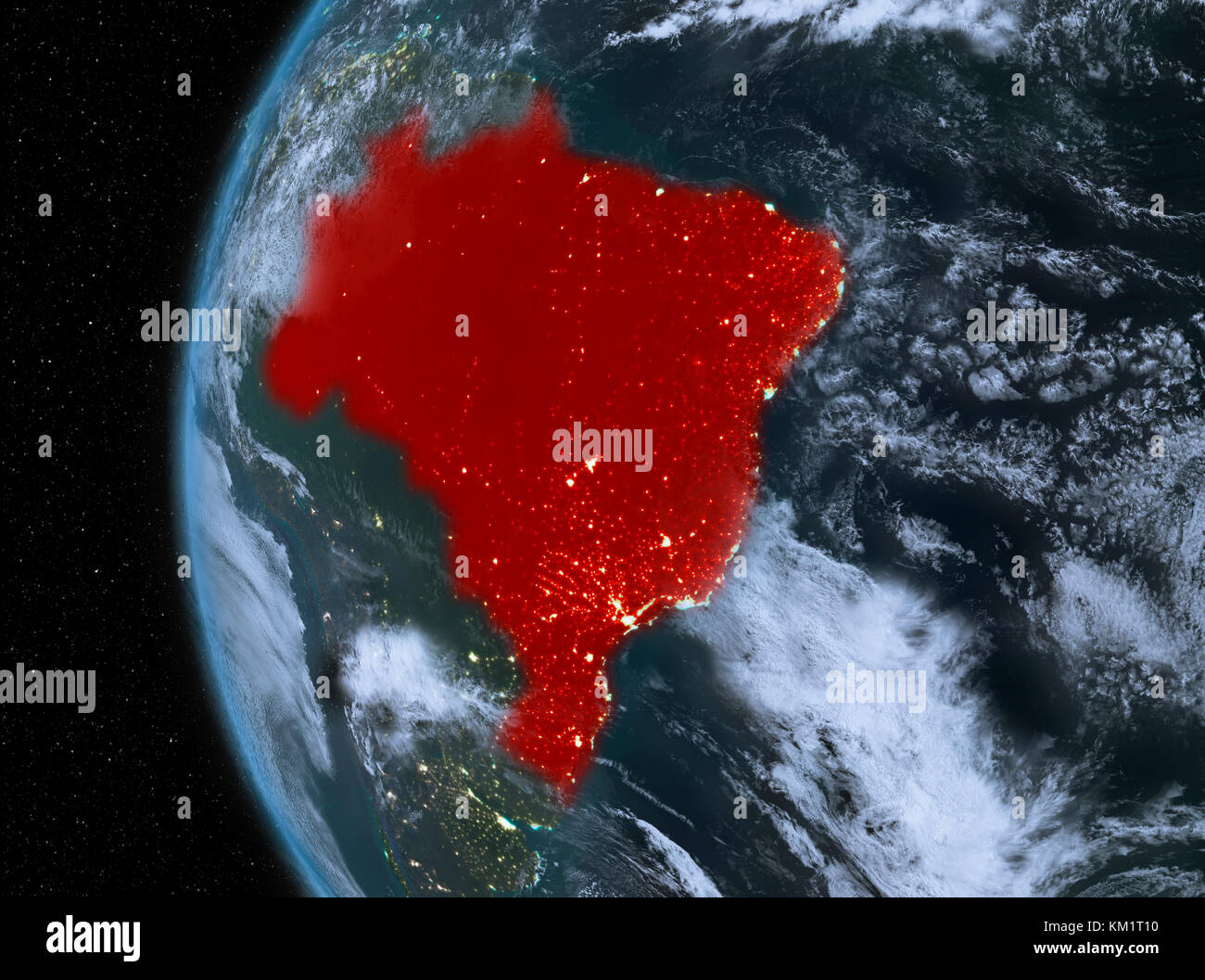 Night map of Brazil as seen from space on planet Earth. 3D illustration ...