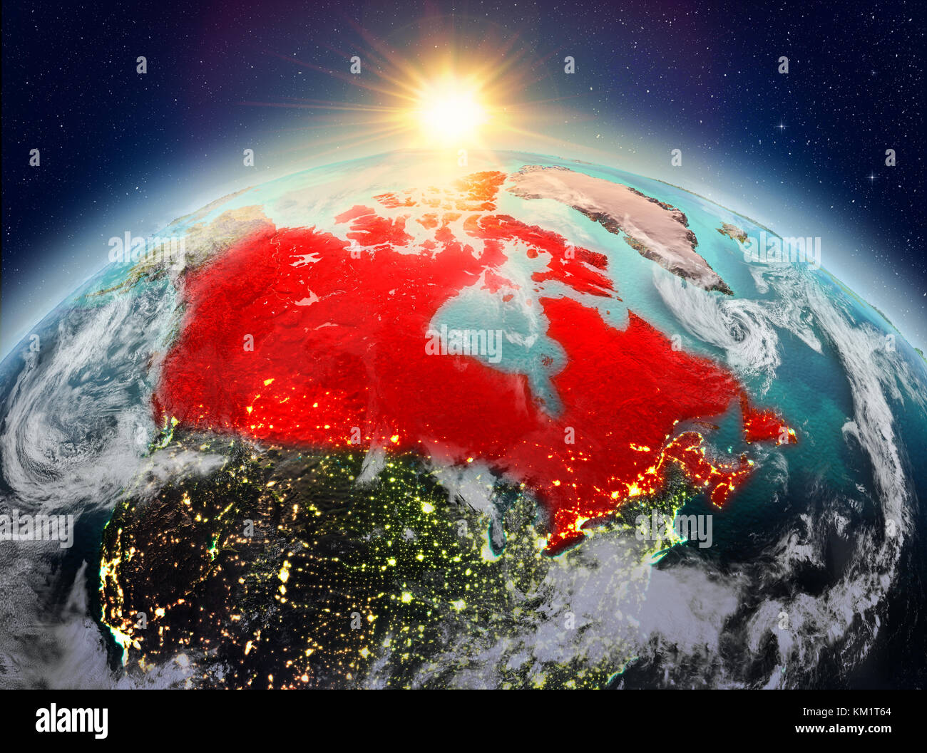 Satellite view of Canada highlighted in red on planet Earth with clouds ...
