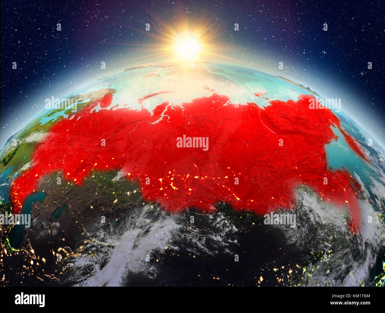 Satellite view of Russia highlighted in red on planet Earth with clouds ...