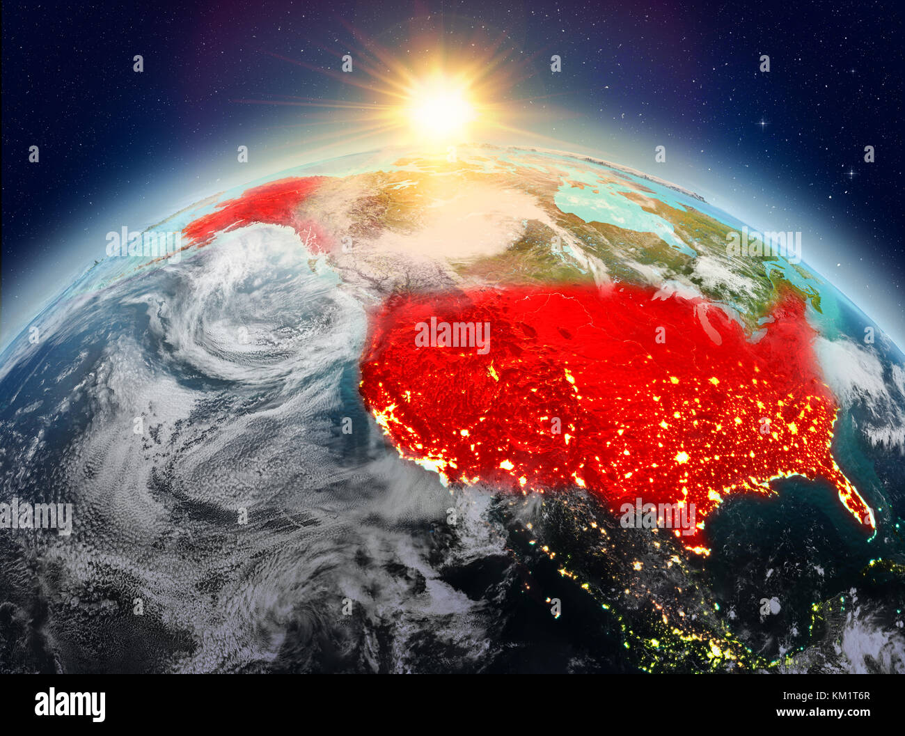 Satellite view of USA highlighted in red on planet Earth with clouds ...