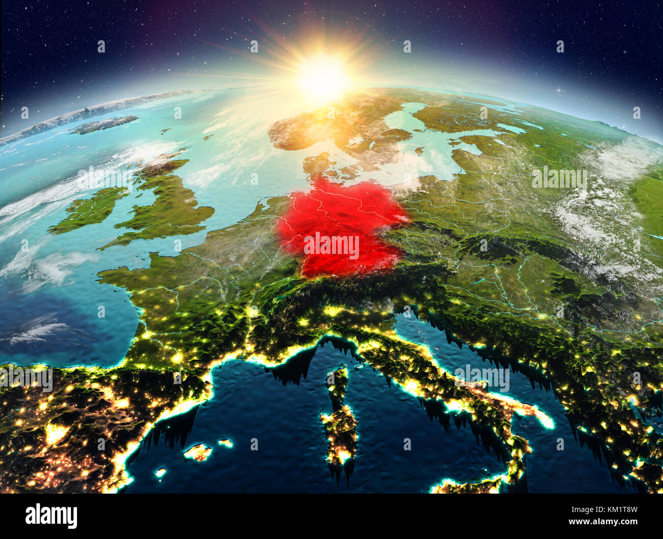 Satellite view of Germany highlighted in red on planet Earth with ...