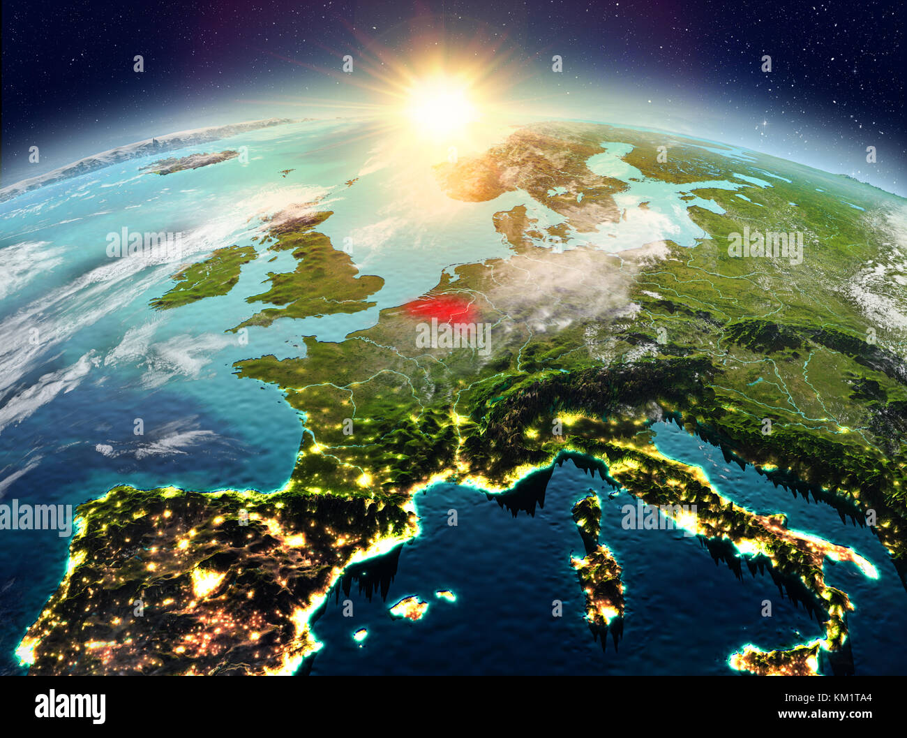 Satellite view of Belgium highlighted in red on planet Earth with clouds during sunrise. 3D ...