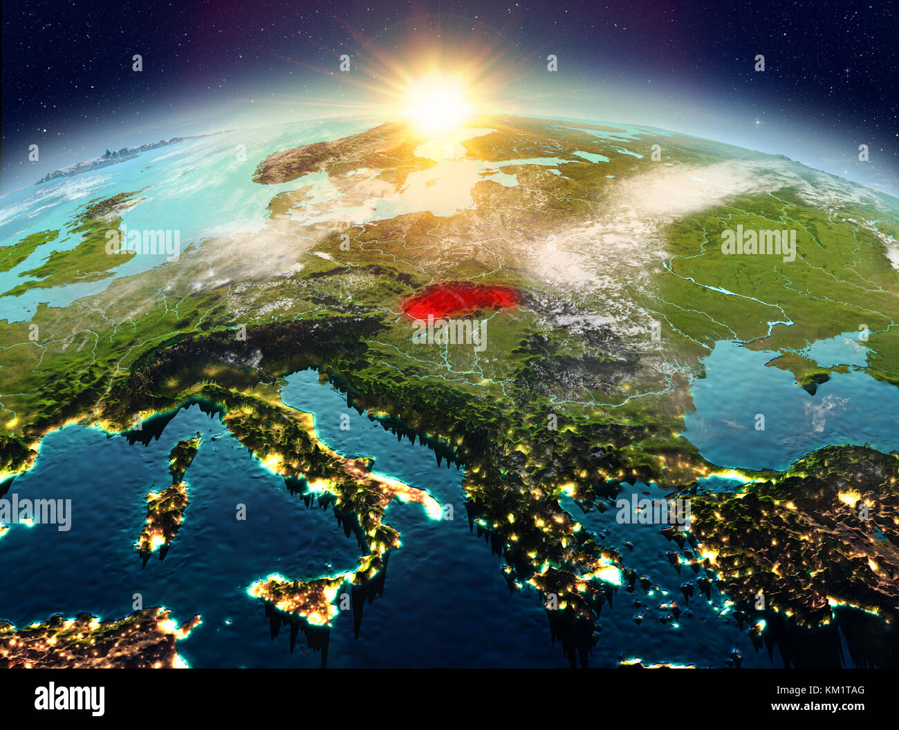 Satellite view of Slovakia highlighted in red on planet Earth with clouds during sunrise. 3D ...