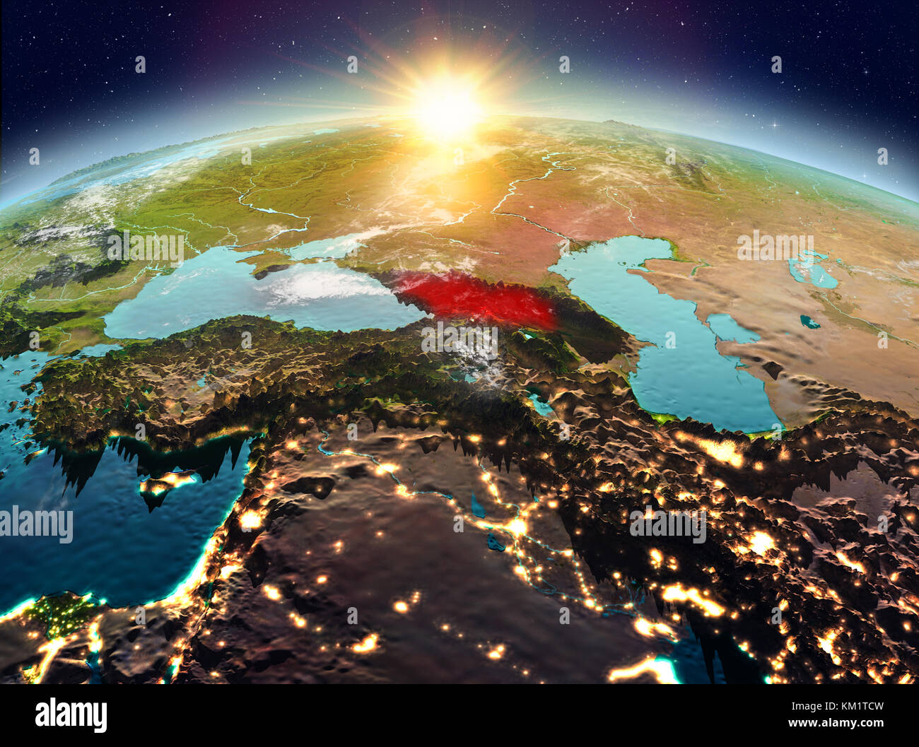 Satellite view of Georgia highlighted in red on planet Earth with ...
