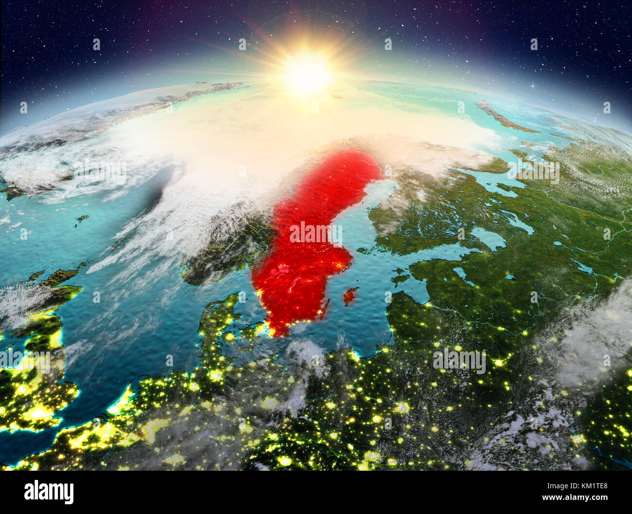 Satellite view of Sweden highlighted in red on planet Earth with clouds ...