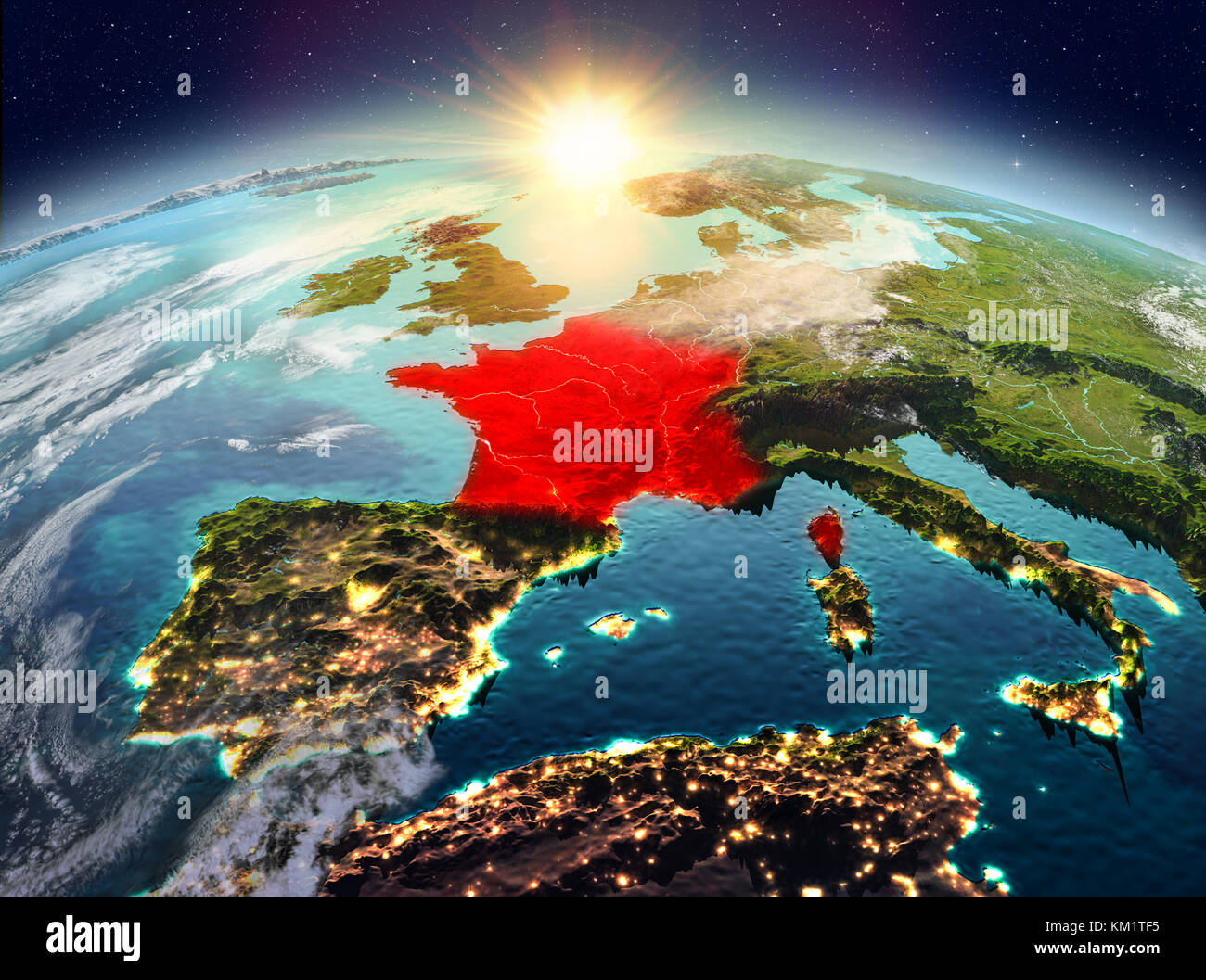 Satellite view of France highlighted in red on planet Earth with clouds ...