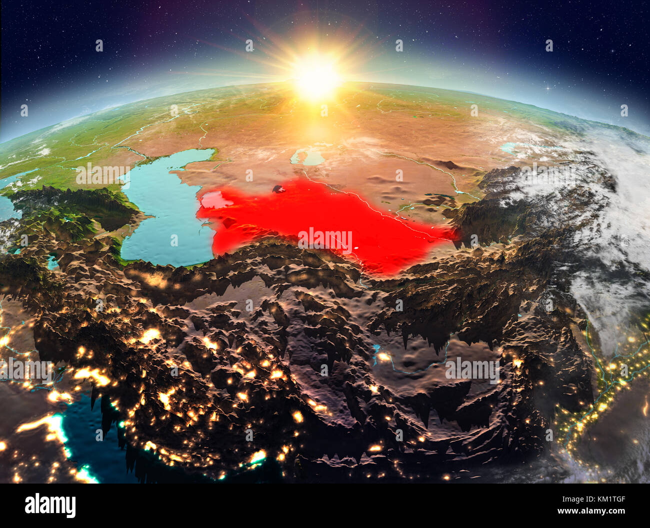 Satellite view of Turkmenistan highlighted in red on planet Earth with ...