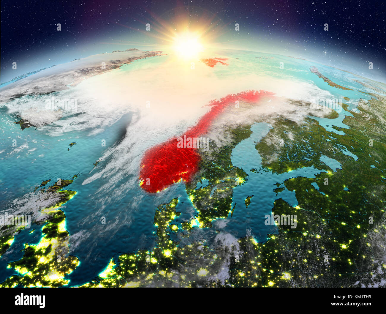 Satellite view of Norway highlighted in red on planet Earth with clouds during sunrise. 3D ...