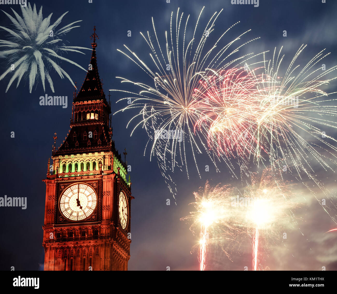 Explosive fireworks display fills the sky around Big Ben. New Year's ...