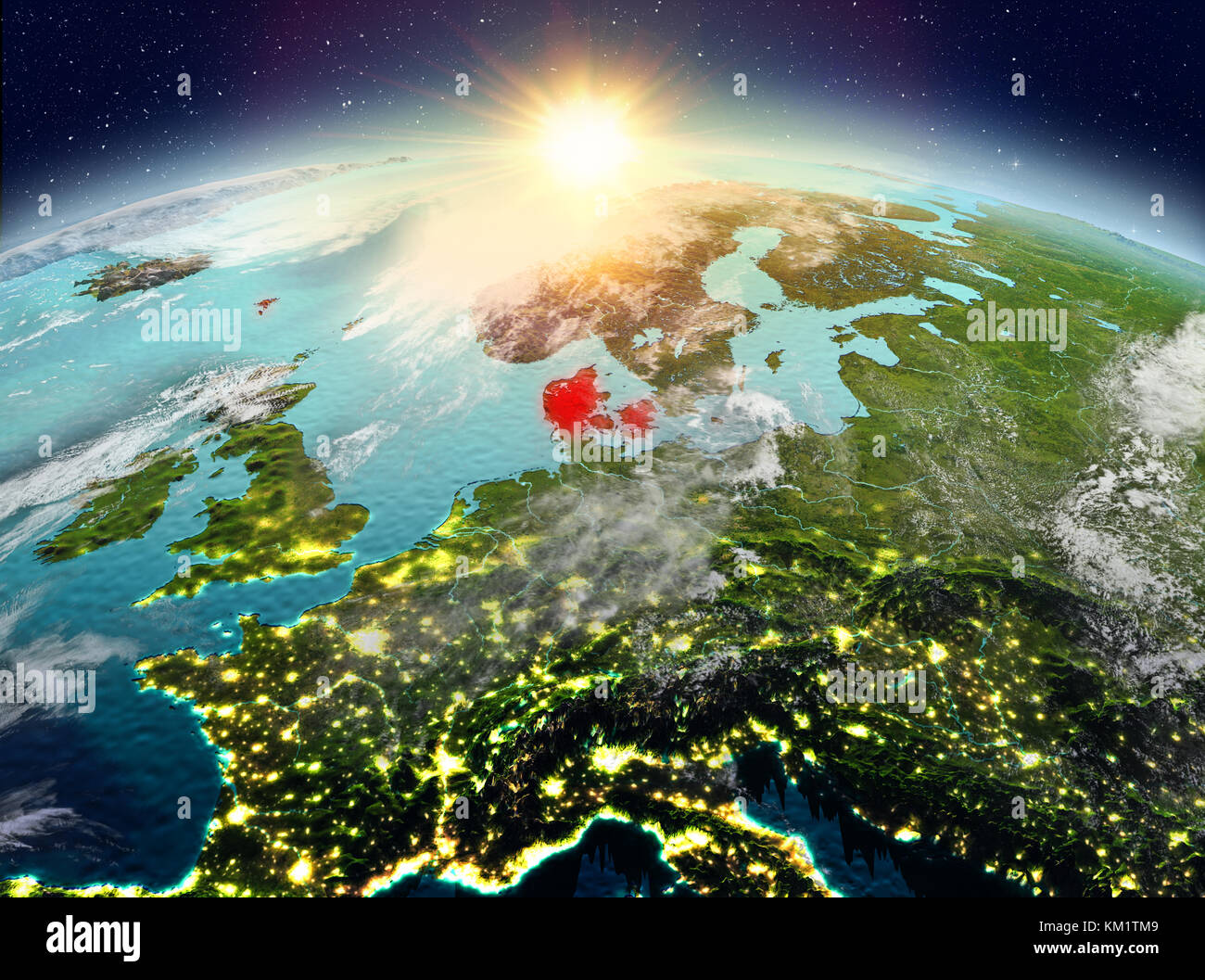 Satellite view of Denmark highlighted in red on planet Earth with clouds during sunrise. 3D ...