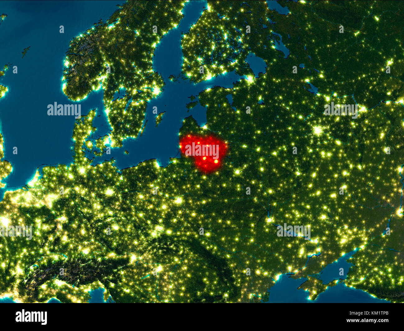 Satellite night view of Lithuania highlighted in red on planet Earth ...