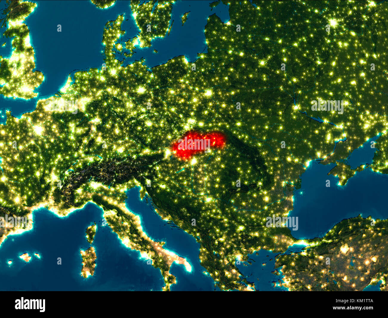Satellite night view of Slovakia highlighted in red on planet Earth. 3D illustration. Elements ...