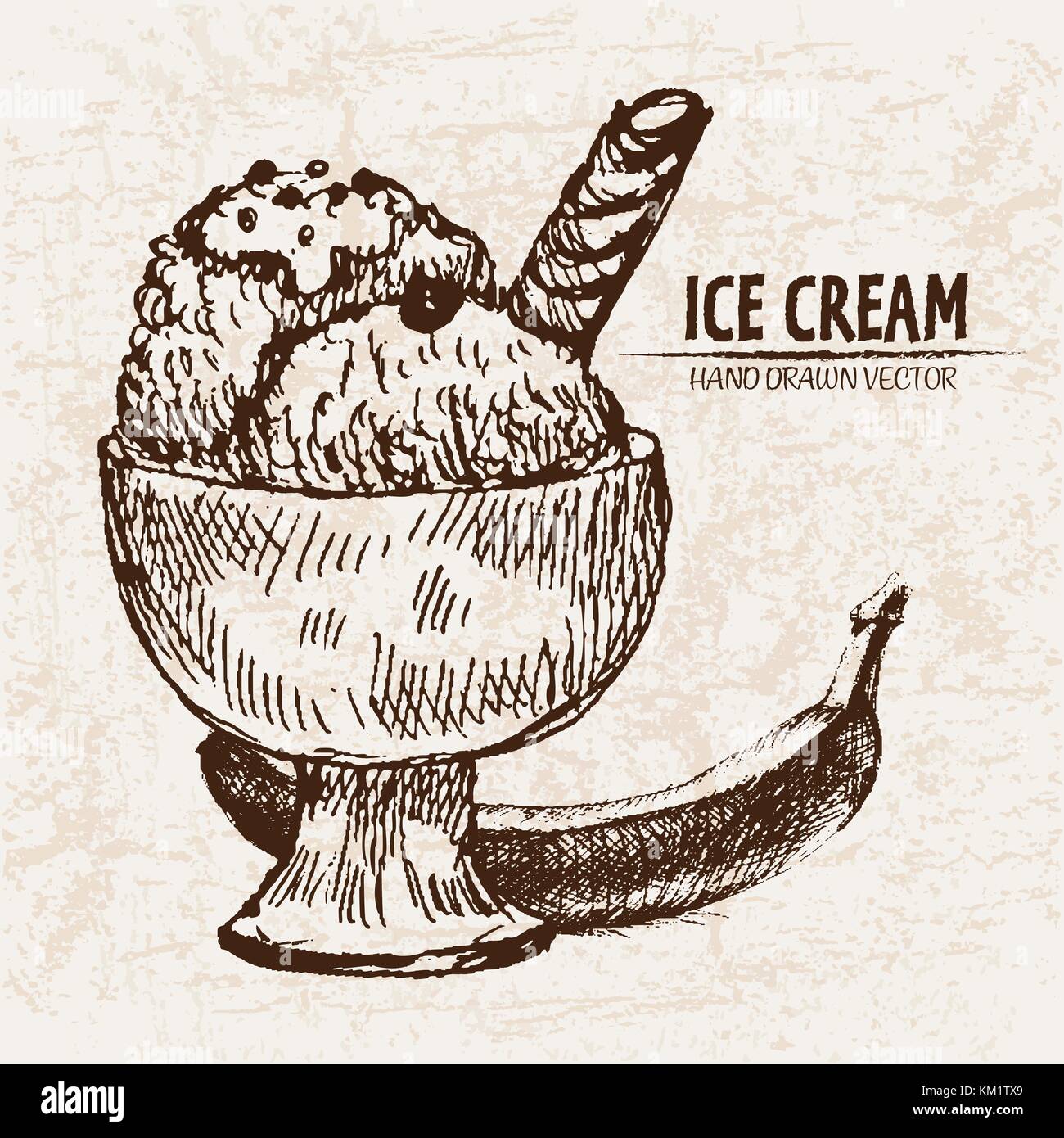 Digital vector detailed line art sundae ice cream banana in glass bowl ...