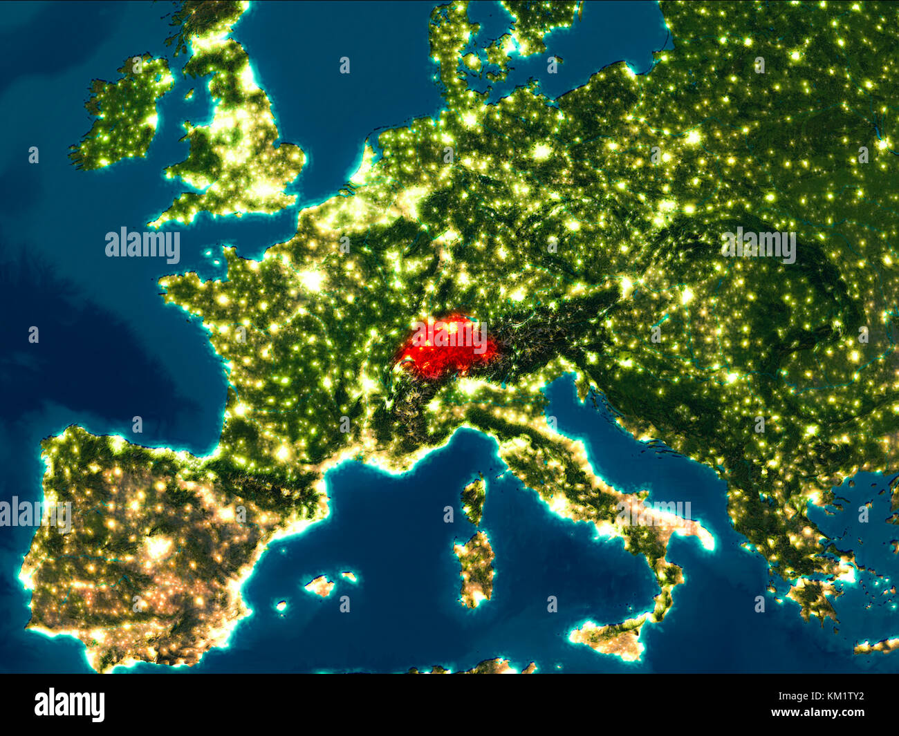 Satellite night view of Switzerland highlighted in red on planet Earth. 3D illustration ...