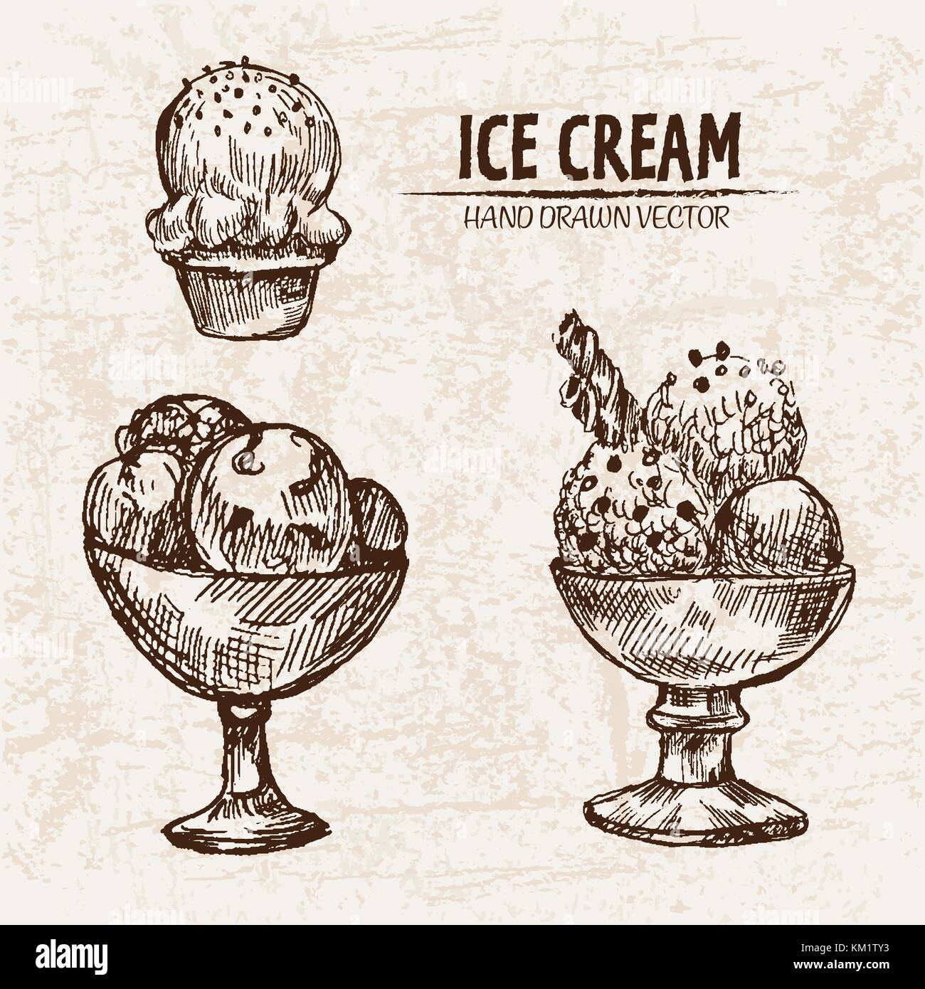 Digital vector detailed line art ice cream balls in bowls and hand ...
