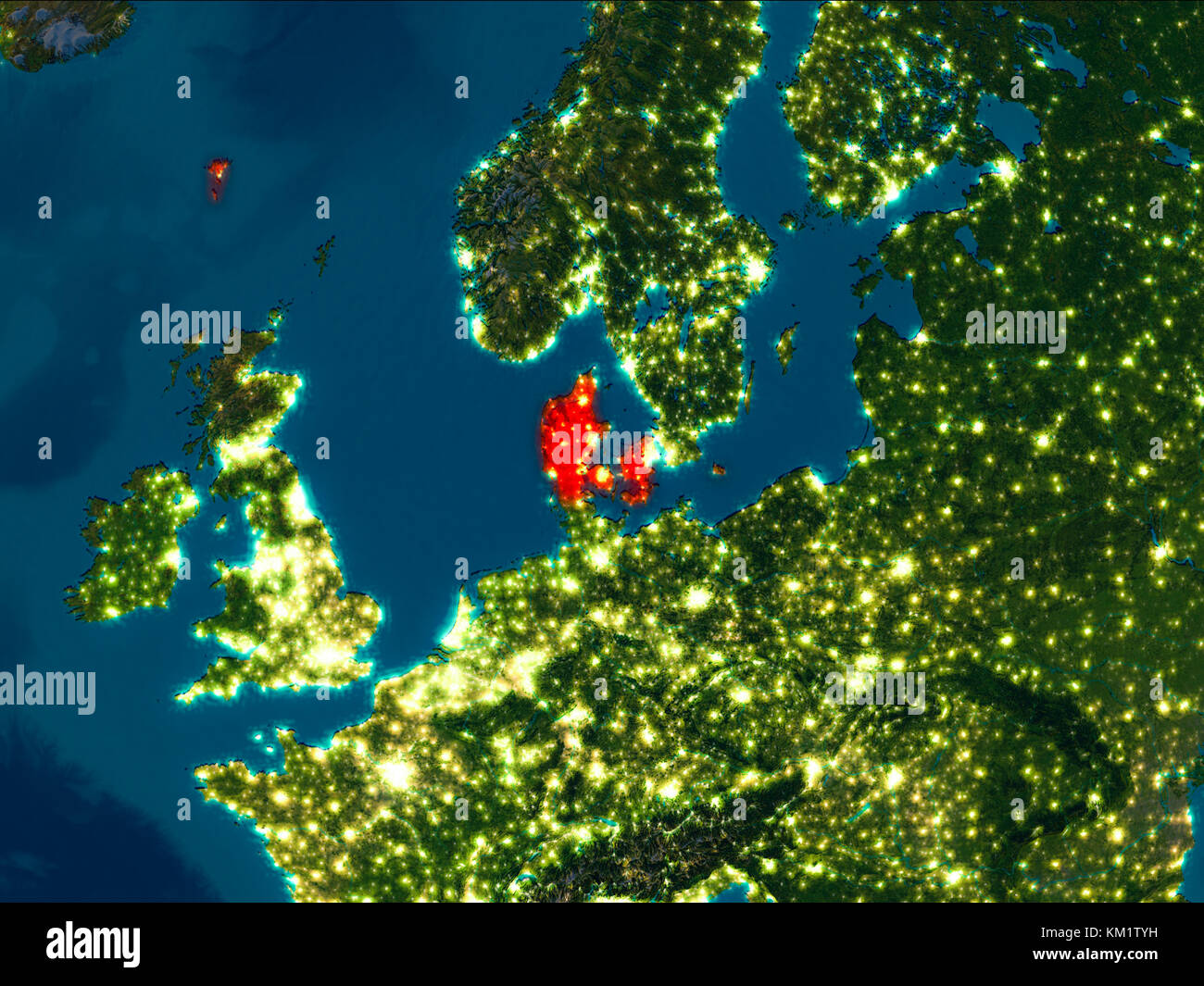 Satellite night view of Denmark highlighted in red on planet Earth. 3D illustration. Elements of ...