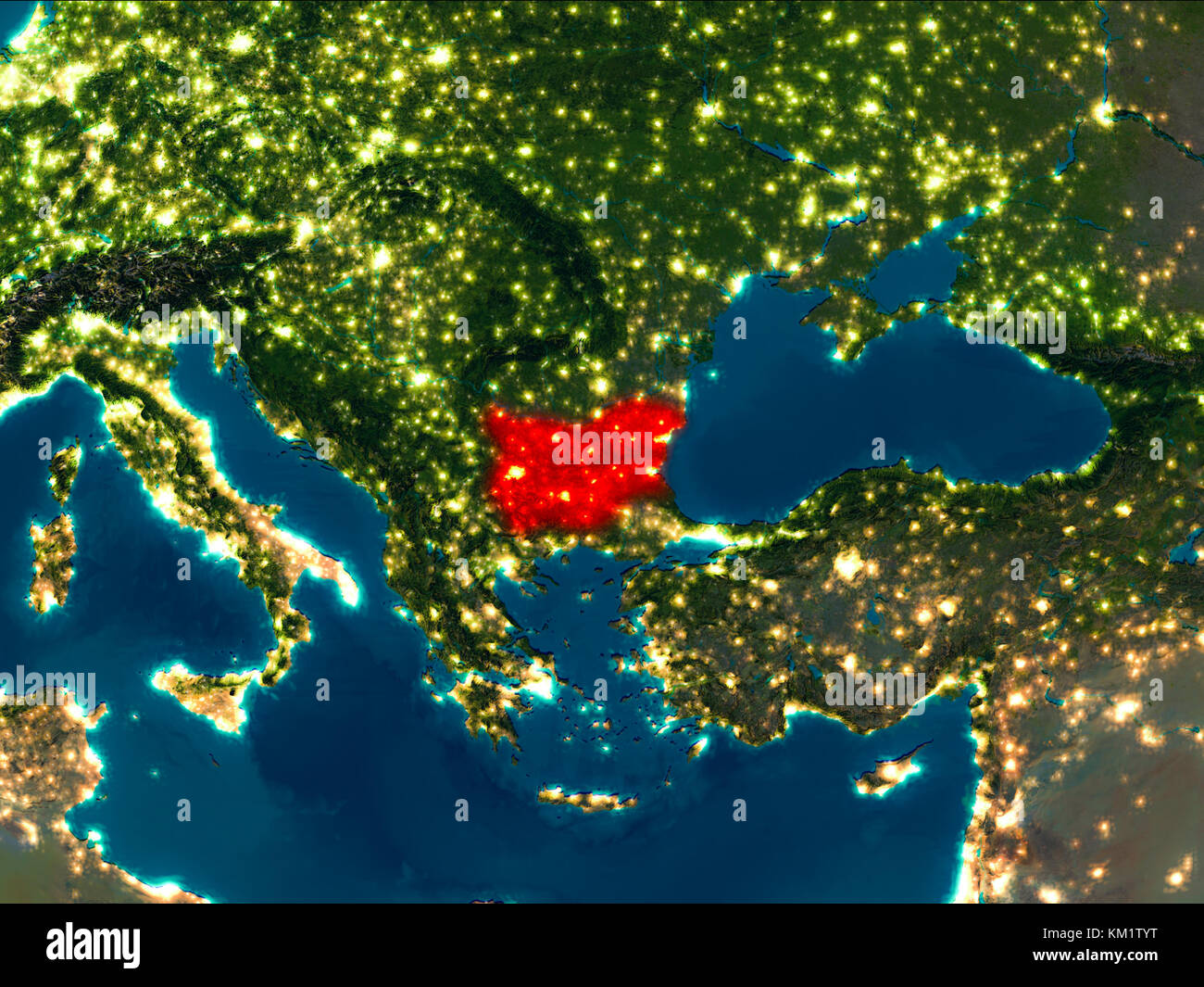 Satellite night view of Bulgaria highlighted in red on planet Earth. 3D ...