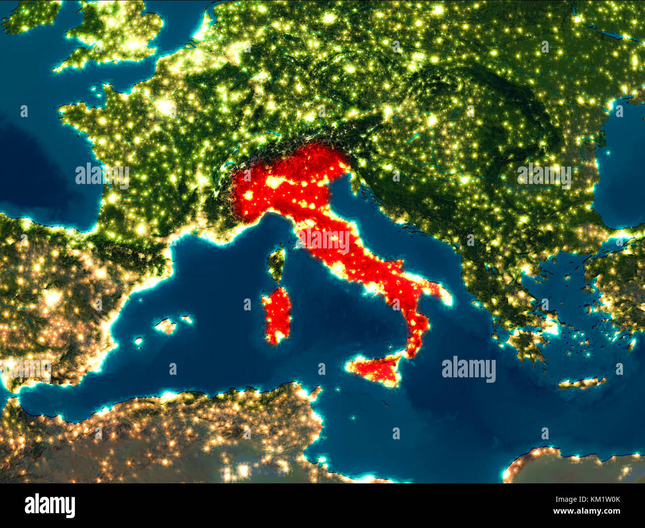 Satellite night view of Italy highlighted in red on planet Earth. 3D ...