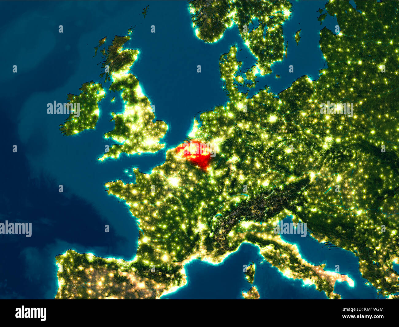 Satellite night view of Belgium highlighted in red on planet Earth. 3D illustration. Elements of ...