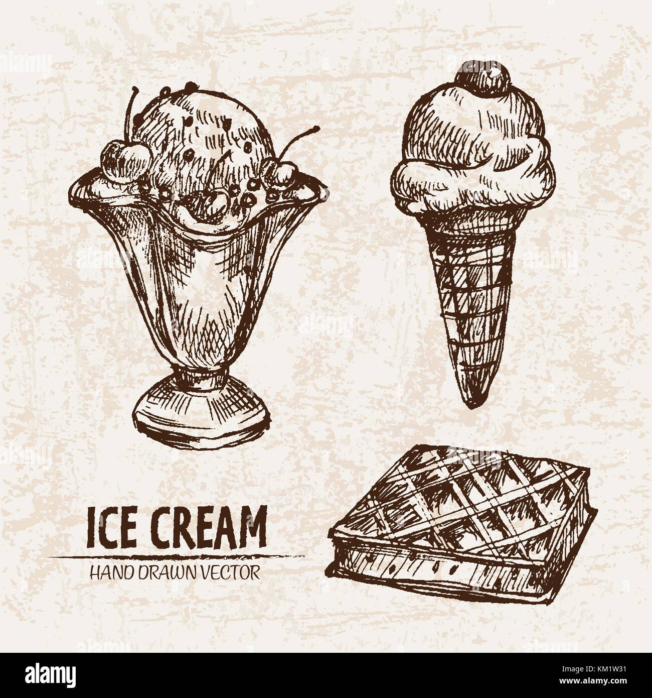 Digital vector detailed line art ice cream in waffle cone and bowl hand ...