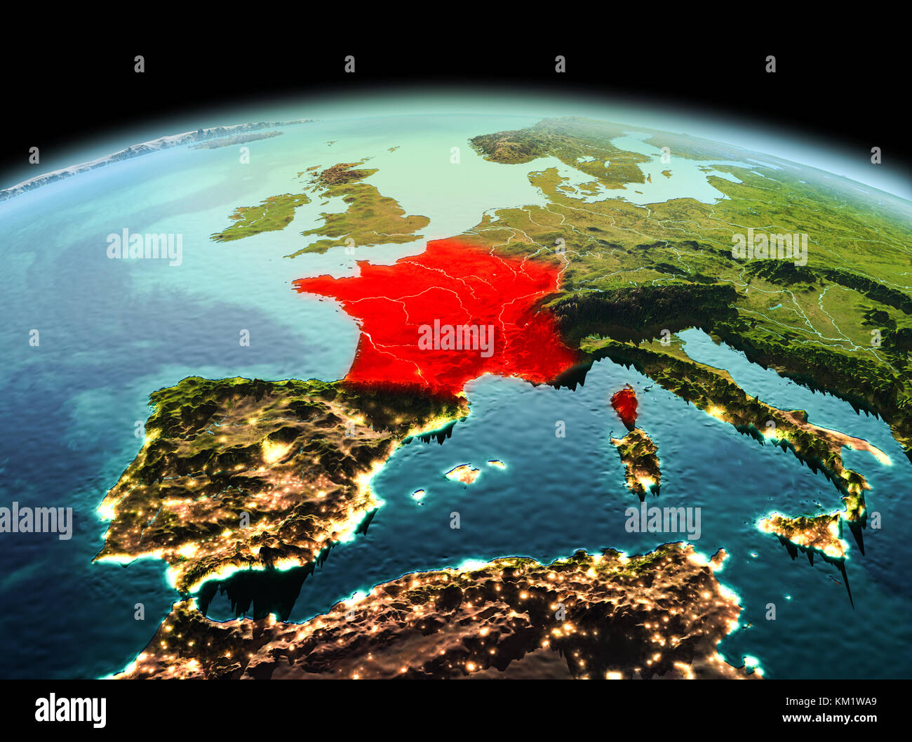 Morning above France highlighted in red on model of planet Earth in ...