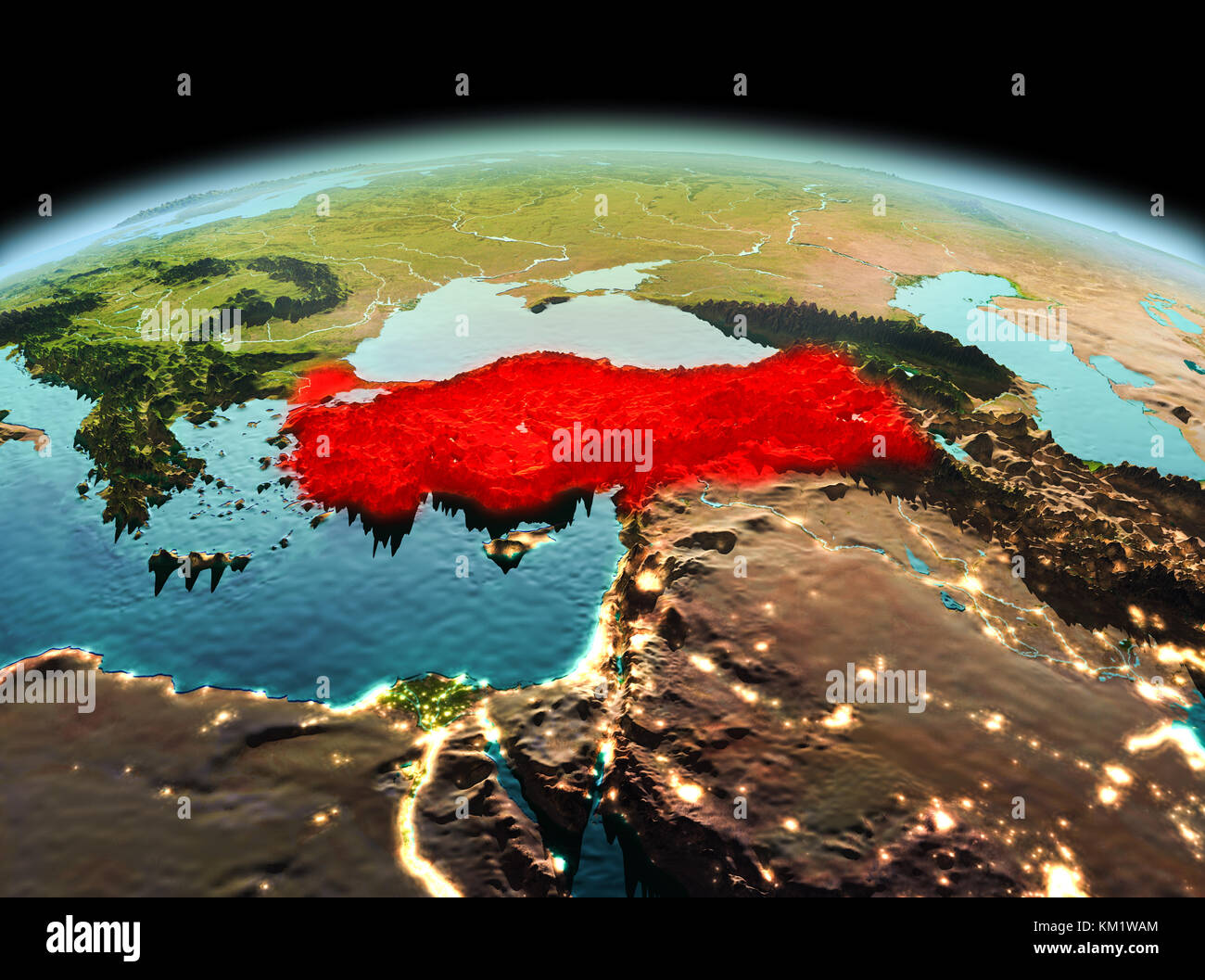 Morning above Turkey highlighted in red on model of planet Earth in ...