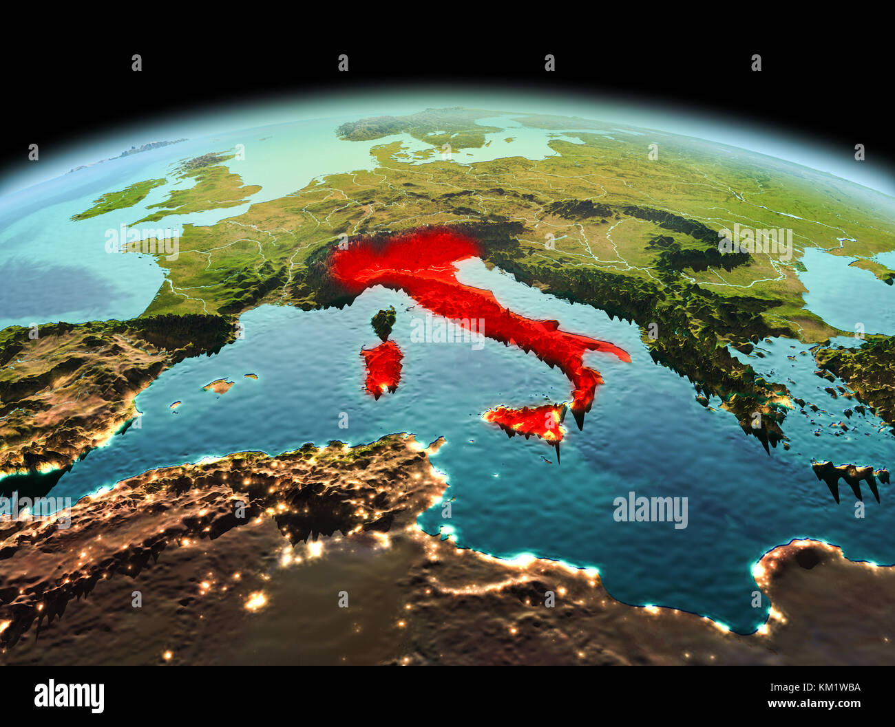 Morning above Italy highlighted in red on model of planet Earth in ...