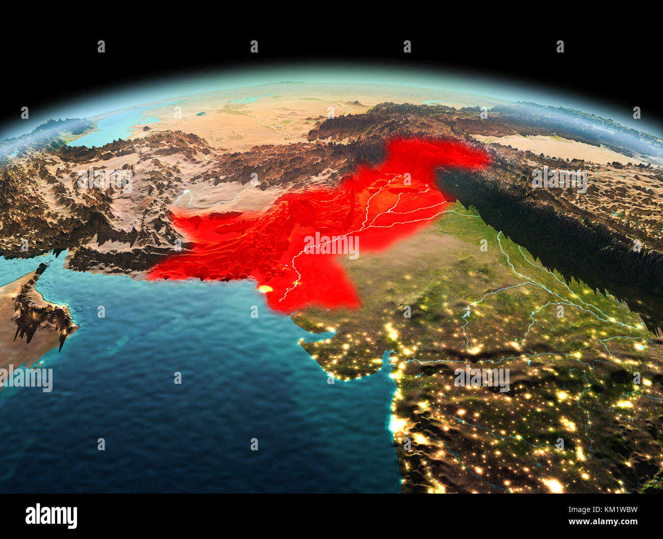 Morning above Pakistan highlighted in red on model of planet Earth in ...