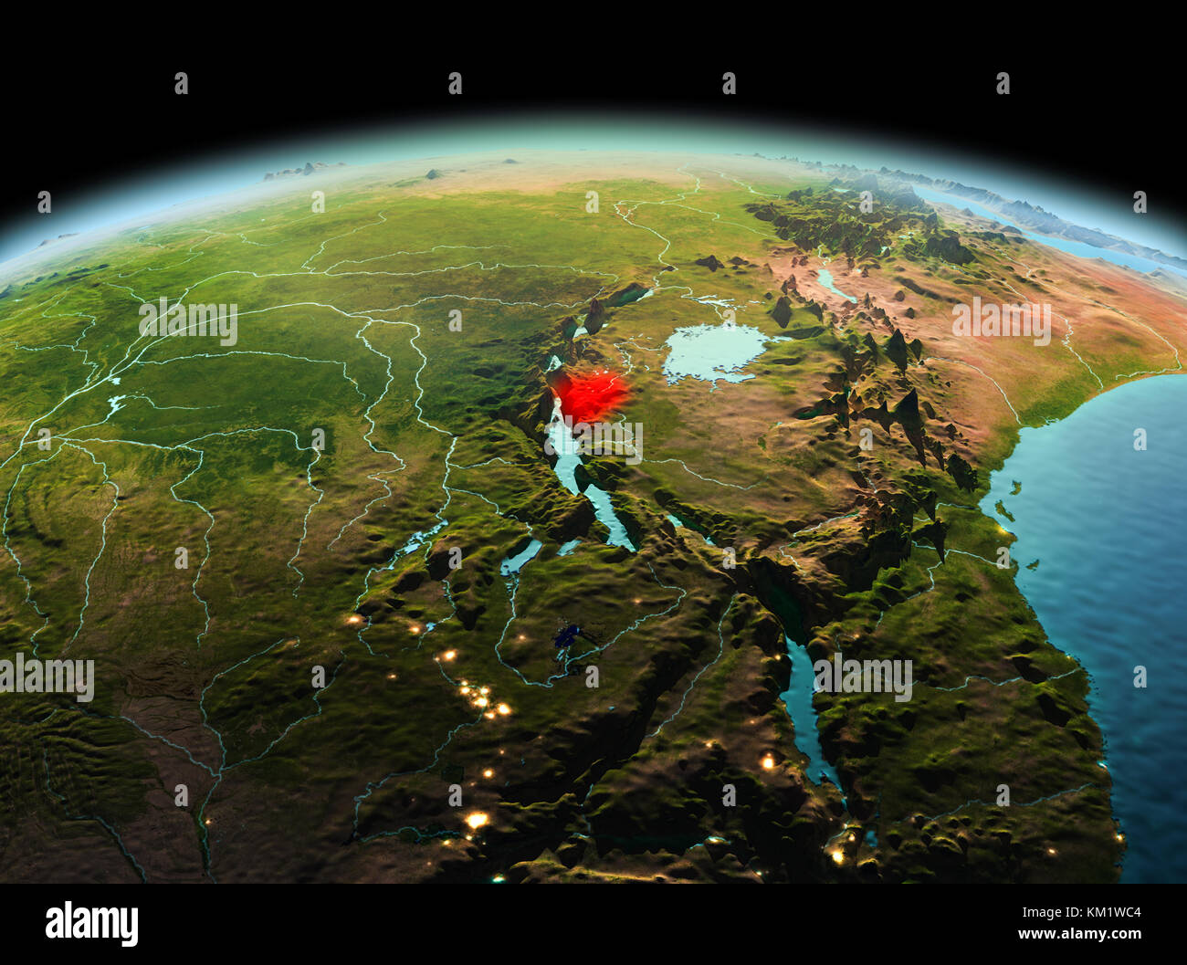 Morning above Burundi highlighted in red on model of planet Earth in space. 3D illustration ...